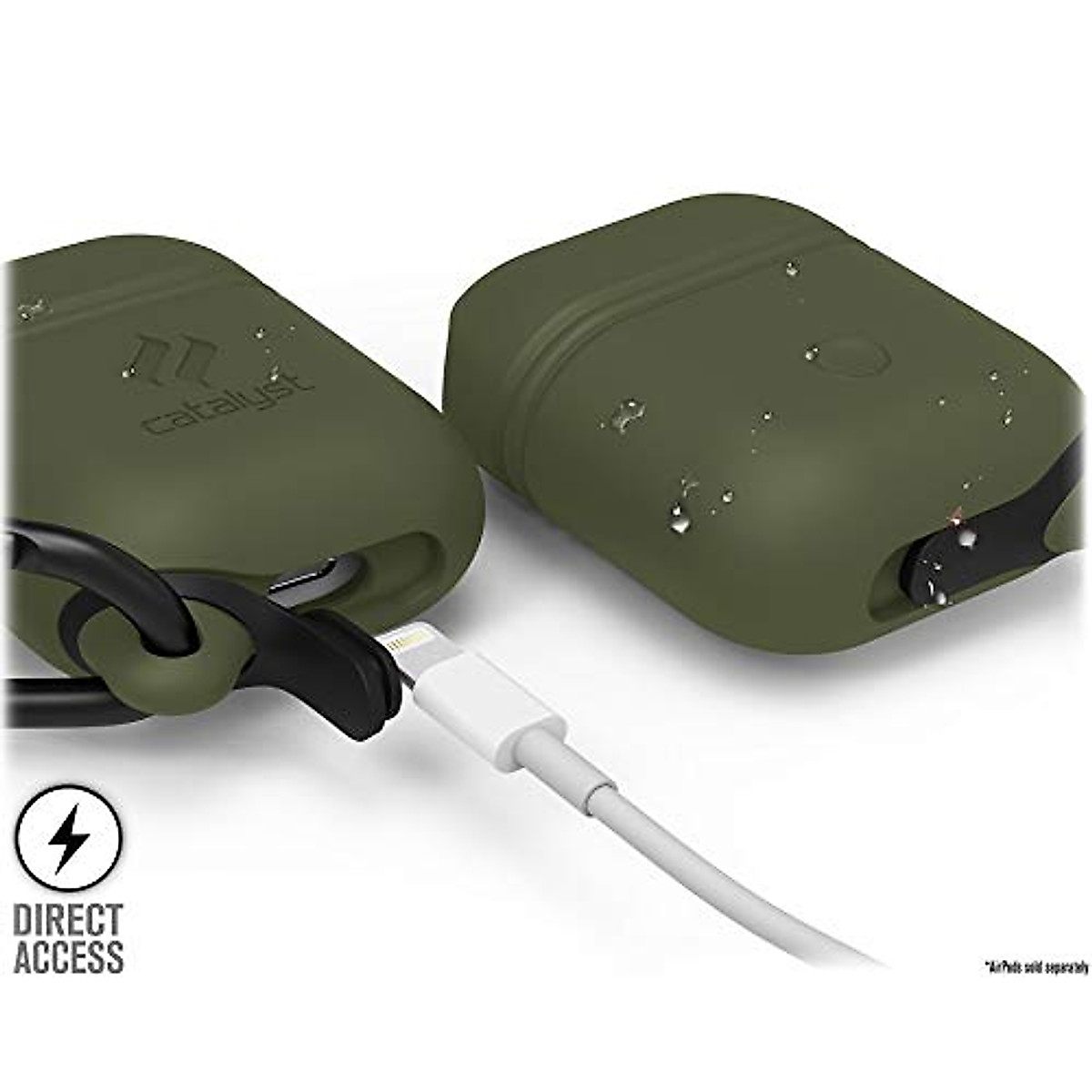 Waterproof Airpods Case 2 & 1 Cover by Catalyst, Shockproof and Drop Proof air pods Protective Cover Soft Skin, Carabiner, Silicone Sealing, Compatible Wireless Charging - Army Green