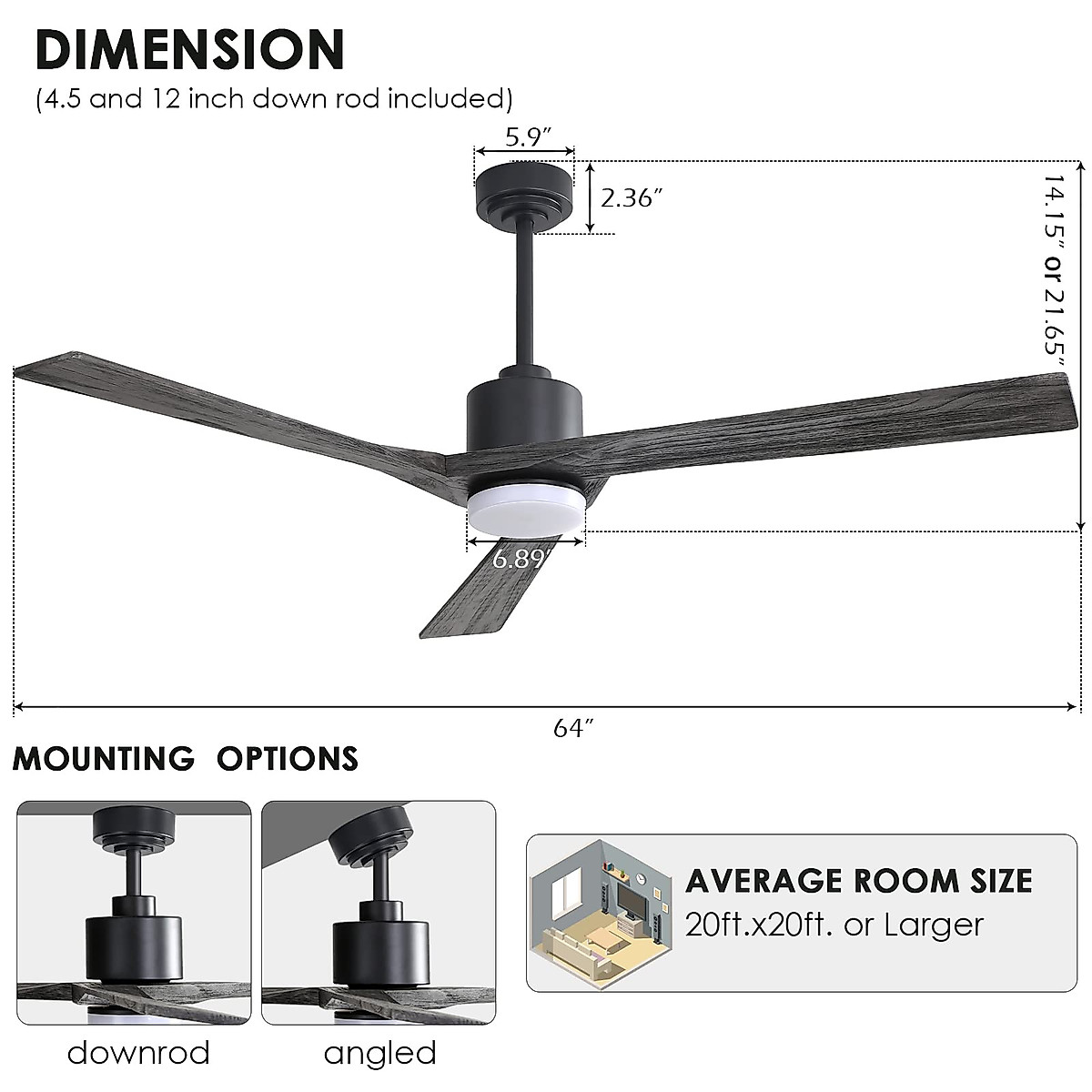 WINGBO 64" DC Ceiling Fan with Lights, 3 Reversible Solid Wood Blades, 6-Speed Noiseless DC Motor, Matte Black Finish Ceiling Fan with Remote, Gray