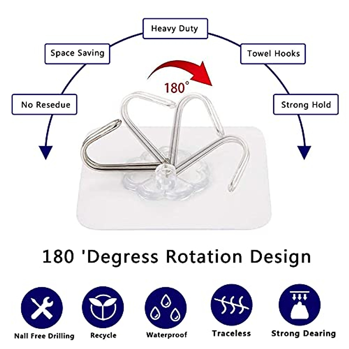 WeiMoShangMao Adhesive Hook Transparent Waterproof Rustproof Wall Hook Hanging Heavy Duty Stainless Steel Reusable Utility Hook Kitchen Bathroom Ceiling Office Window Waterproof Home Essentials