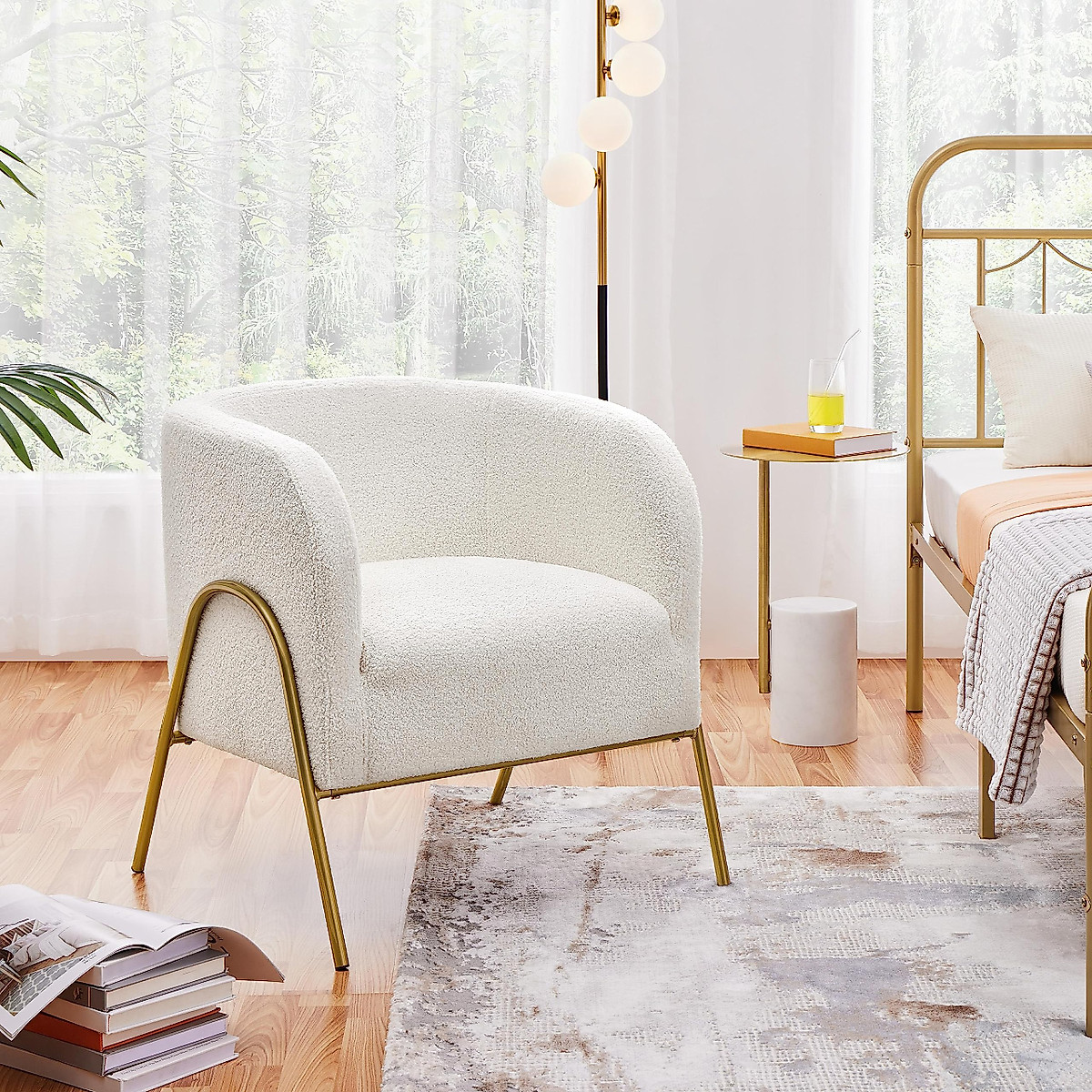 Yaheetech Accent Chair, Modern Barrel Chair, Boucle Fabric Vanity Chair with Golden Legs, Cozy Fuzzy Armchair for Living Room Makeup Room Bedroom Reading Nook Ivory