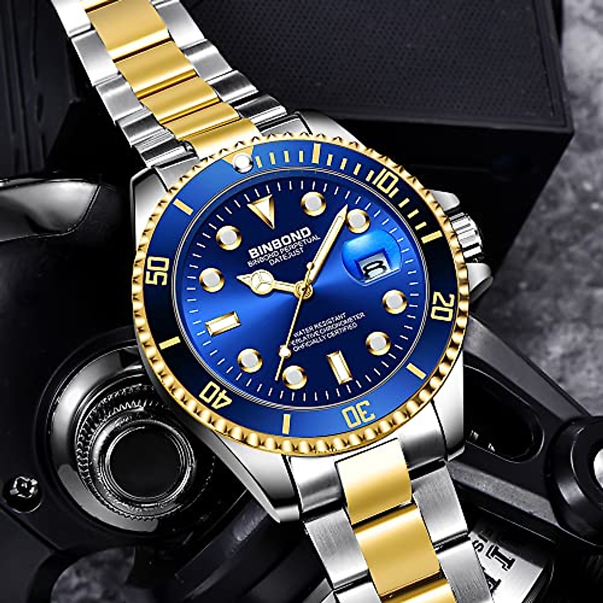 Tiong Watches Mens Fashion Business Stainless Steel Auto Date Waterproof Analog Quartz Watch Silver Emerald Green Watch Wristwatches for Men (Silver Blue)