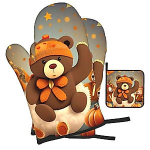 Dancing Thanksgiving Bear Oven Mitts and Pot Holders Setâ€“Ultimate Heat Resistant Set for Kitchen and Dining