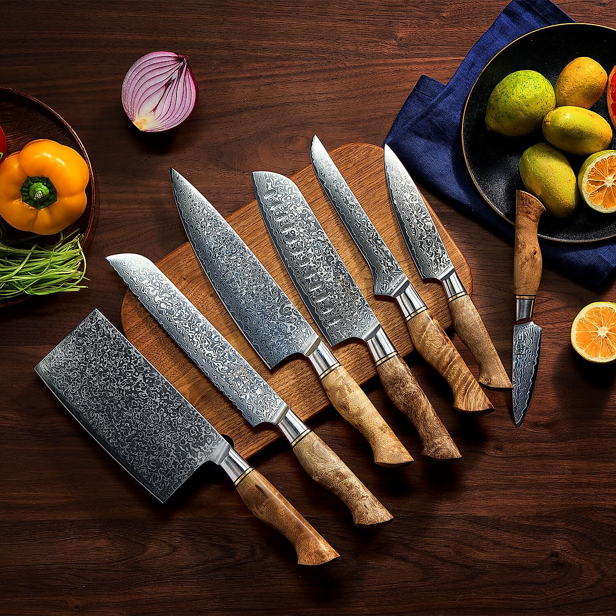 SENKEN 7-Piece Damascus Kitchen Knife Set - Dynasty Collection - 67-Layer Japanese VG10 Steel with Sycamore Wood Handles, Chef's Knife, Cleaver, Bread, Santoku, Boning, & More