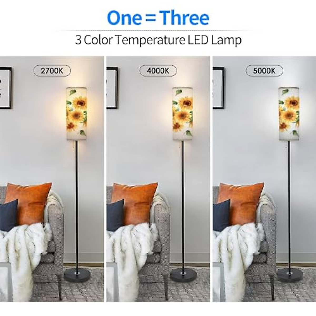 RZNTJHUINA Modern Standing Lamps Sunflower Yellow Summer Minimalist Floor Lamp Rustic Country Metal Pole Lamp with Linen Lampshade for Bedroom Living Room Office Nursery Reading Foot Switch