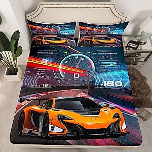 Feelyou Race Car Bedding Sheets Boys Extreme Sports Bed Sheet Set for Kids Boys Cool Car Bedding Fitted Sheet Car Sports Bed Cover 1 Bed Sheet Set with 1 Pillowcase Twin Size