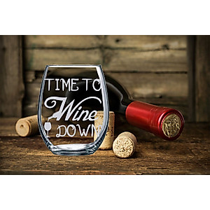 Time to Wine Down Funny 15oz Stemless Crystal Wine Glass - Fun Wine Glasses with Sayings Gifts for Women