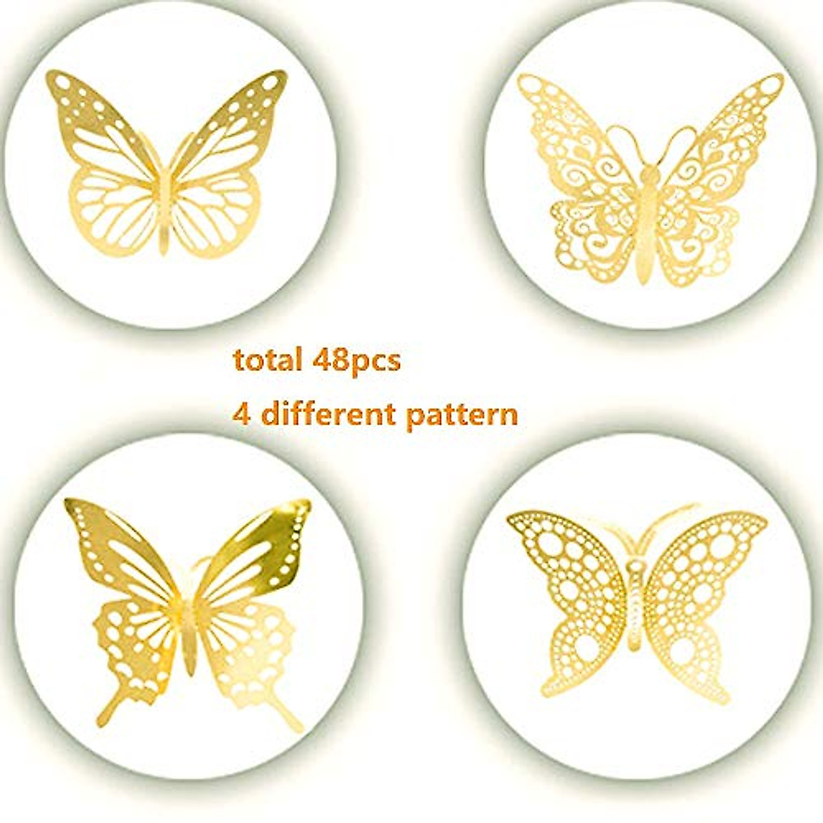 3D Butterfly Wall Stickers, 48PCS Gold Butterfly Wall Decals Decorations Stickers with 4 Patterns Butterflies Gold Party Decoration for Home Nursery Classroom Kids Bedroom Decor