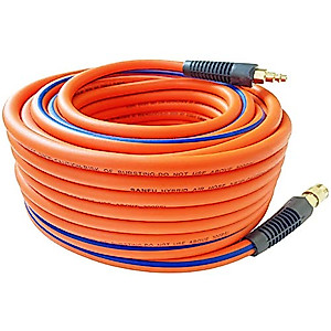 SANFU Hybrid PVC/Rubber 3/8”ID x 100ft, 300PSI Durable, Lightweight, Air Compressor Hose with 1/4” Industrial Brass Coupler and Plug, Bend Restrictors, Orange(100’)