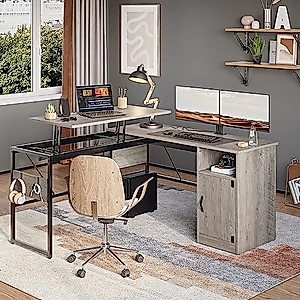 Bestier L Shaped Standing Desk Adjustable Height, 60" Corner Computer Desk with Storage File Cabinet, 95.2" Long and Large Reversible Office Desk with Lift Top, Washed Gray