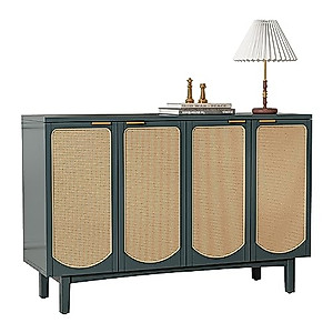 ARTPOWER Sideboard Buffet Cabinet with 4 Rattan Doors, Accent Storage Cabinet with Shelves, Free Standing TV Console Table, Modern Teal Credenza for Kitchen, Dining Room, Living Room, Hallway