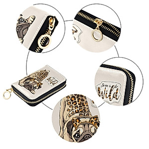 MOYYO RFID Credit Card Holder Case Cute Leopard Pug Dog Leather Printed Zipper Card Case Wallet for Women Girls