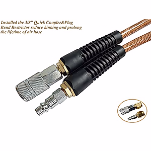 SANFU Polyurethane(PU) Reinforced 3/8”ID x 100ft Air Hose, 300PSI Wear Resistant with 3/8” Reassembled Industrial Quick Coupler and Plug, Bend Restrictor, Brown(100’)