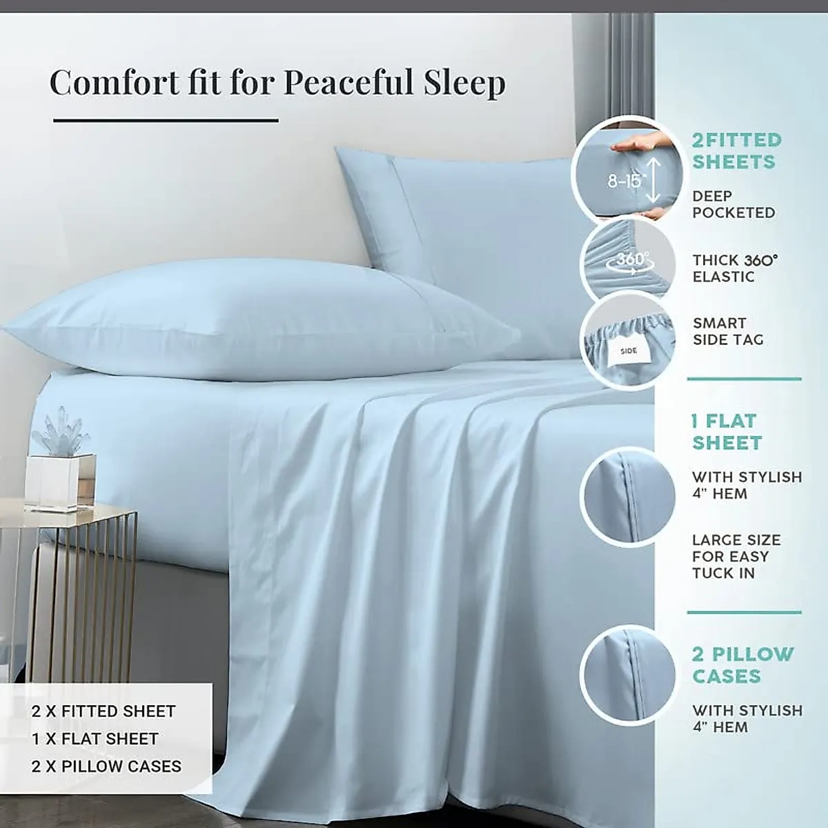 Pizuna 100% Cotton Split King Sheet Set Sky Blue, 600 Thread Count Long Staple Cotton Sateen Weave Split King Sheets for Adjustable Bed, 15" Deep Pocket Sheets (Combed Cotton Bed Sheets - 5PC)