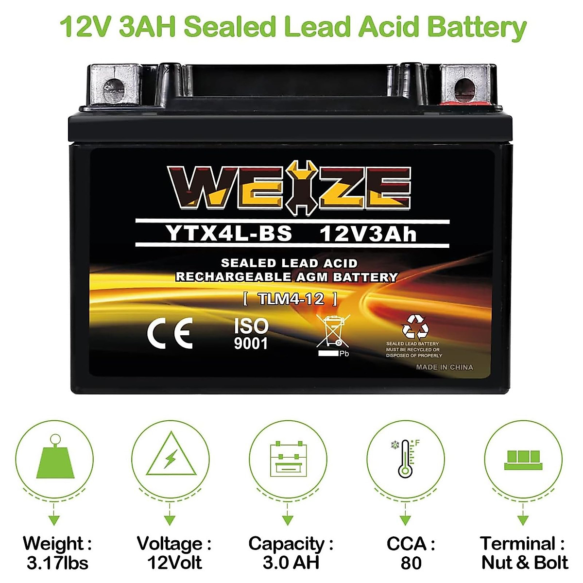Weize YTX4L-BS High Performance-Rechargeable-Sealed Motorcycle Battery Compatible With Polaris Scrambler, Sportsman 90, Honda Scooters NQ50 Spree,Kawasaki 110 Can-Am DS70,Yamaha TTR125E/LE