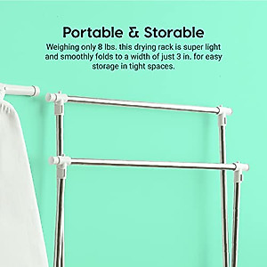 IRIS USA Foldable Drying Rack with Extendable Rods for Large Laundry Loads, Clothes Drying Rack, Freestanding Foldable Laundry Rack, Anti-Skid Feet, Portable and Storable, Silver