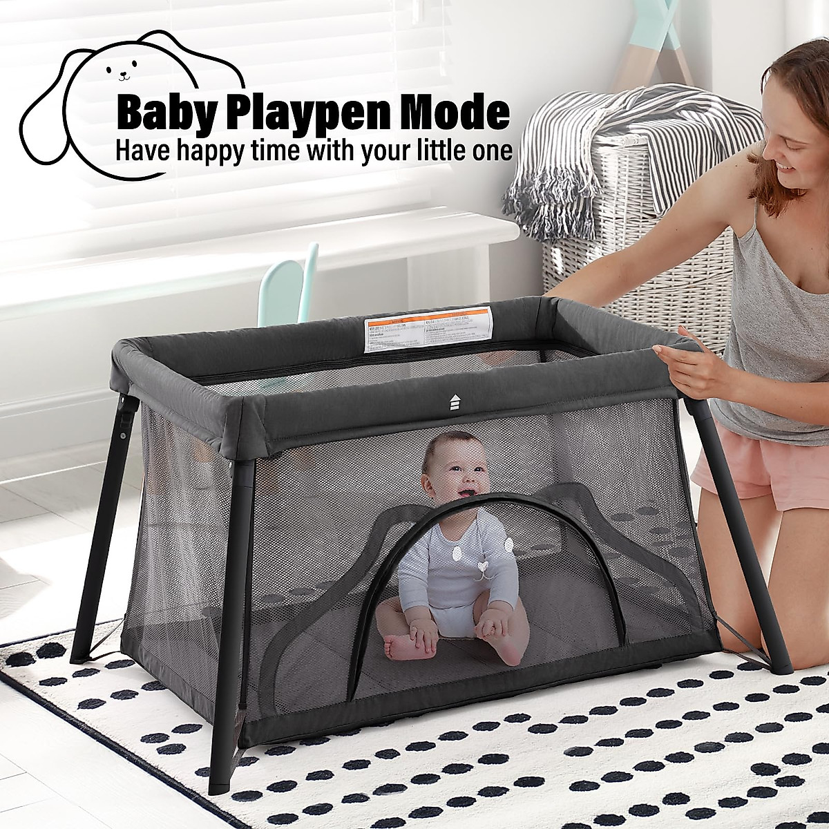 Lamberia Travel Crib, Portable Crib for Baby Lightweight Travel Bassinet with Comfortable Mattress and Carry Bag for Babies to Toddlers, Folding Portable Baby Playpen (Dark Grey)