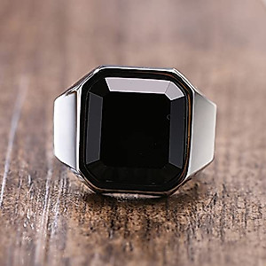 MEALGUET Jewelry Fashion Stainless Steel Signet Ring with Black Agate for Men, Size 10