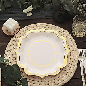 Tableclothsfactory 25 Pack | White/Gold 10" Scallop Rim Dinner Party Paper Plates, Disposable Plates - 300 GSM