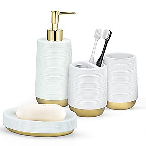 TONIAL Bathroom Accessories Gift Set, Bathroom Decor Set 4 Piece White-Queen Gold with Soap/Lotion Dispenser, Toothbrush Holder, Soap Dish, Tumbler