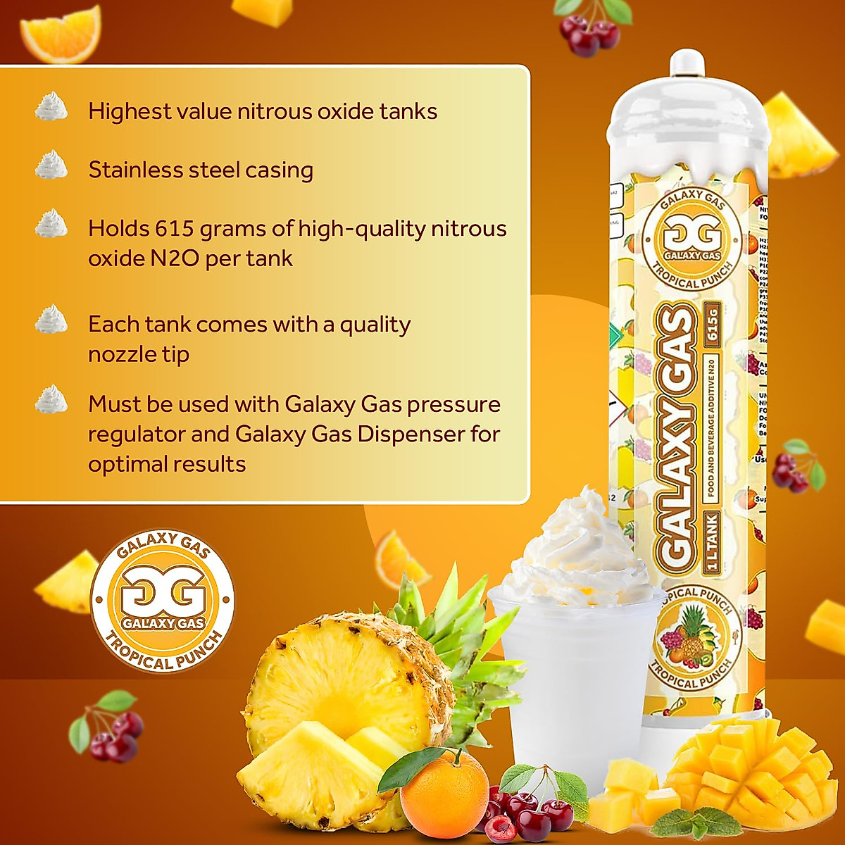Galaxy Gas Tropical Punch Flavored Whipped Cream Dispenser, 1L Nitrous Oxide Cylinder