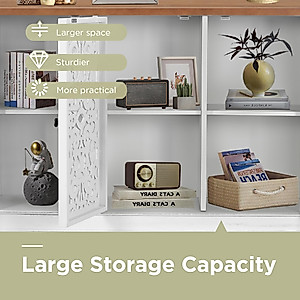 Sophia & William Sideboard and Buffet with Storage, 3-Door Hollow-Carved Accent Cabinet, Distressed Wood Storage Cabinet Cupboard for Kitchen, Dining Room, Living Room, Entryway, White