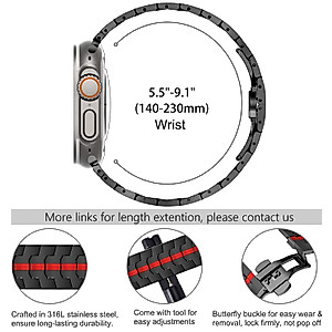 WINGLE Metal Band for Apple Watch Band Ultra 2/Ultra Band 49mm Men, Series 10 46mm, 9/8/7 45mm, SE/6/5/4 44mm, 3/2/1 42mm, Stainless Steel Bands with Folding Clasp iWatch Strap Bracelet, Black/Red