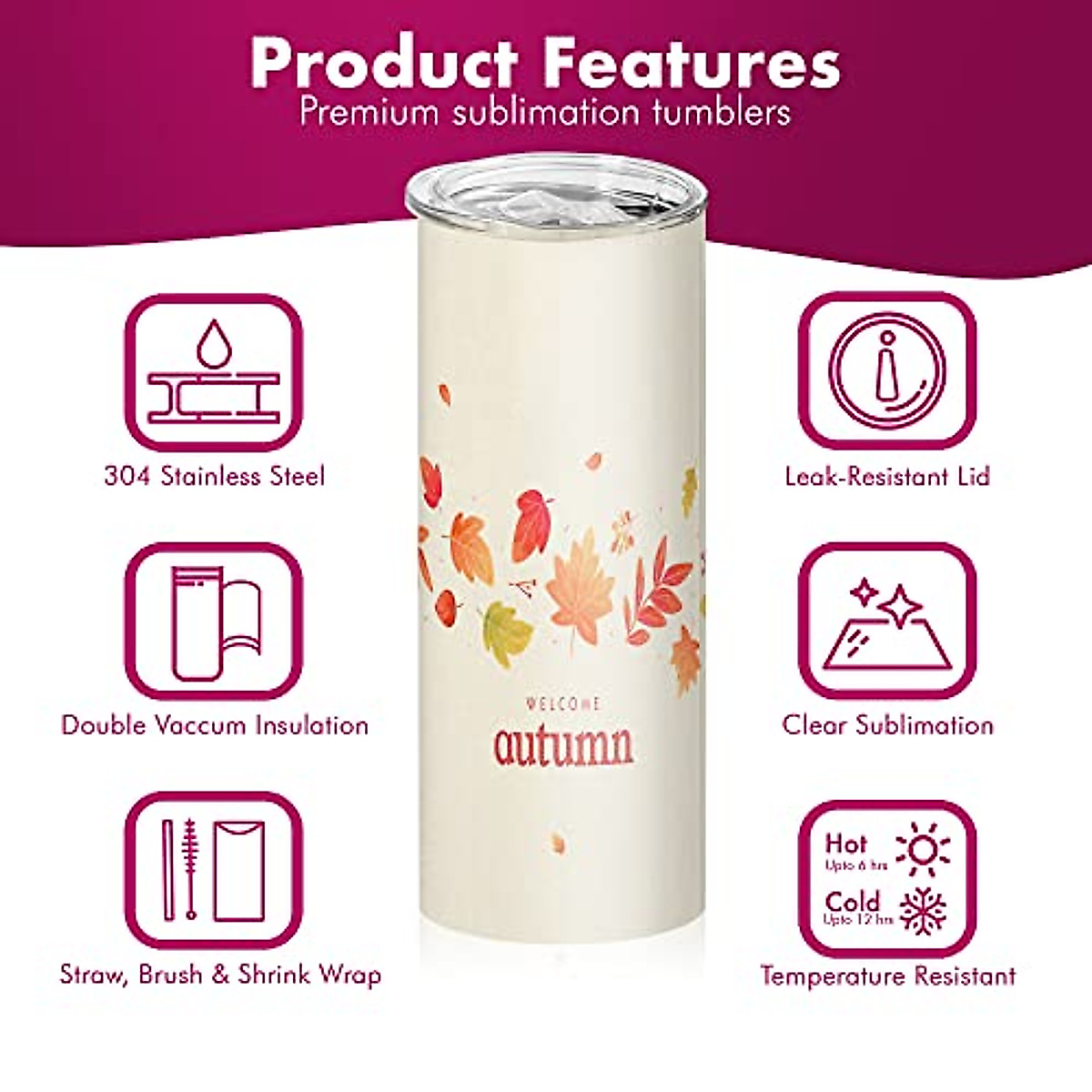 Sublimation Tumblers Blank 20 oz 4 Pack; Skinny White Tumblers Bulk with Lid, Straw, Brush and Wraps; Stainless Steel Double Wall Insulated Water Coffee Tumbler with Sublimation Coating; Gift Boxed