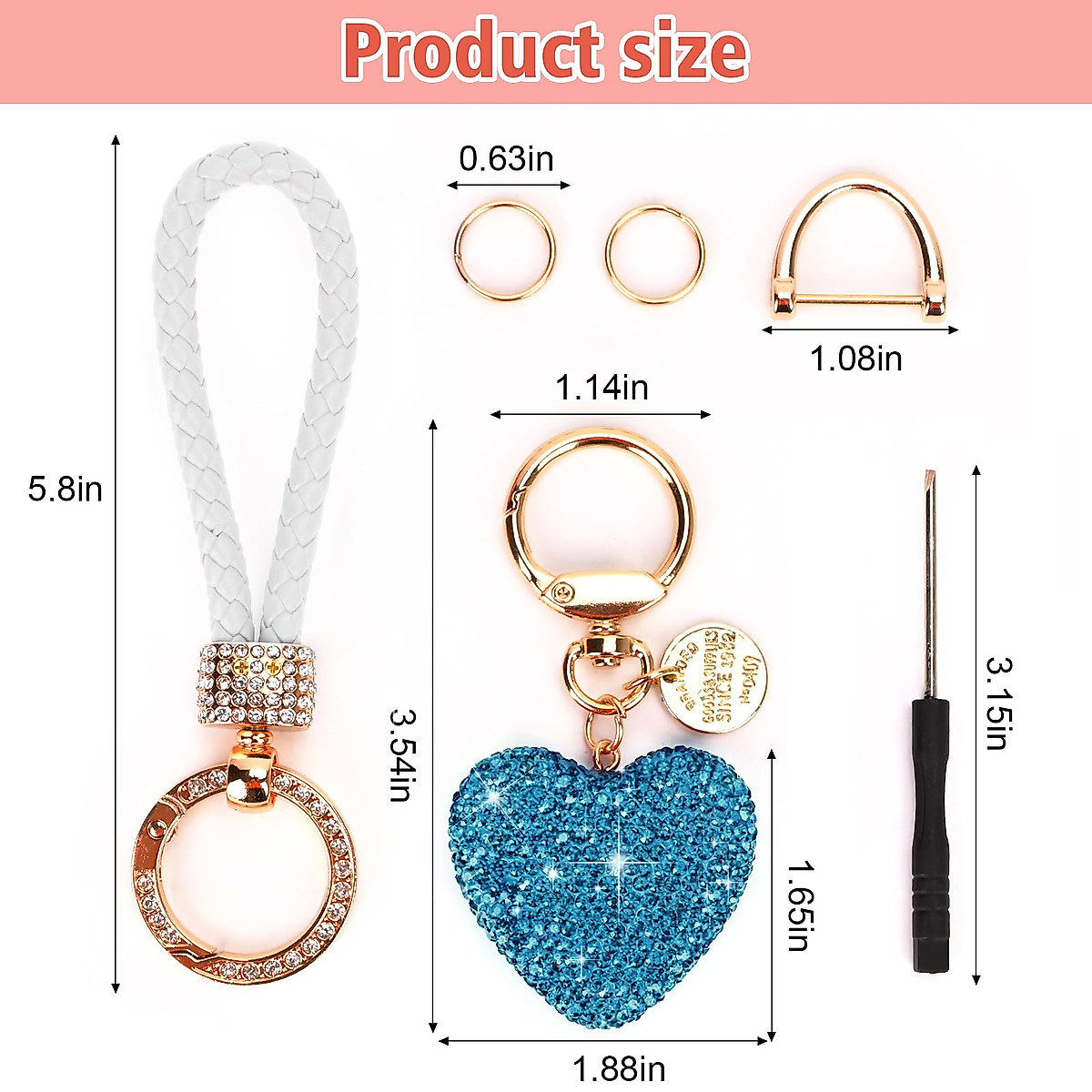 Car Keychain for Women with Rhinestone Heart Shape Bling Girl Cute Keychain for Christmas,Personalized Gift(A-Blue)