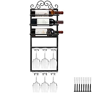 AUHOKY Wine Glass Rack Wall Mounted, 5 Layers Hanging Metal Wine Bottle Holder Organizer Holds 3 Bottles 6 Stemware Glasses, Wine Display Storage Holder for Kitchen Dining Room Bar Decor