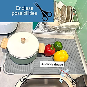 Yatmung Collapsible Silicone drying mat for Kitchen Counter - Non-Slip dish drying pad with hook and retaining band - Foldable design ( 24" x 13" ) to（ 8" x 13" ）- Large rubber rack mat（ Grey ）