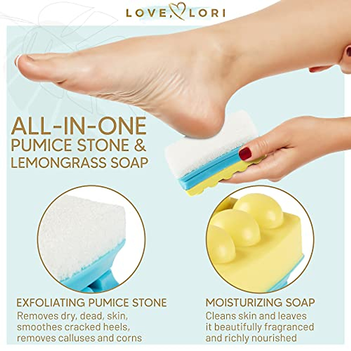 2-in-1 Pumice Stone for Feet & Foot Scrub Lemongrass Soap by Love Lori – Foot Pumice Stone Works as Foot Exfoliator Tool, Callus Remover, Foot Scrubber - Pedicure Kit Self Care Gifts for Women