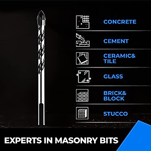 amoolo Masonry Drill Bit Set 5pcs, Concrete Drill Bits with Carbide Tip (1/4”-1/2”) for Brick, Tile, Cement, Ceramic, Glass, Plastic, Etc.