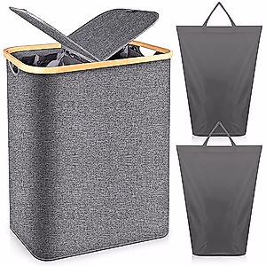 Double Laundry Hamper with Lid, Hampers for Laundry 2 Compartment Divided Laundry Hamper with 2 Removable Bags, Laundry Basket 2 Section Foldable Clothes Basket with Handles,130L