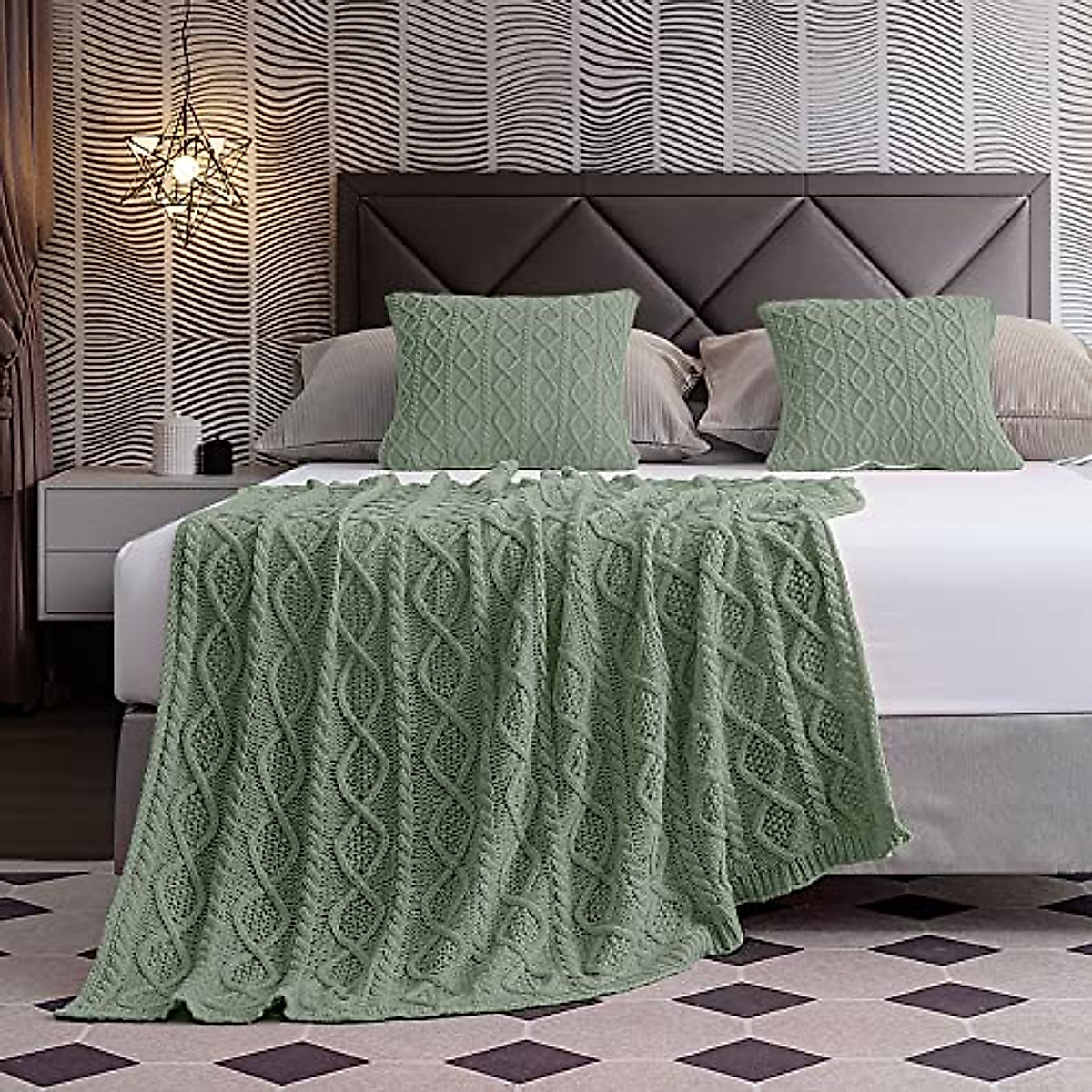 Homiest Cable Knit Throw Blanket and Pillow Set, Sage Green Throw Blanket Set of 3, Knitted Throw Blanket (50"x60") & 2 Pillow Covers (18"x18"), Soft & Cozy Decorative Throw Blanket for Couch Bed Sofa