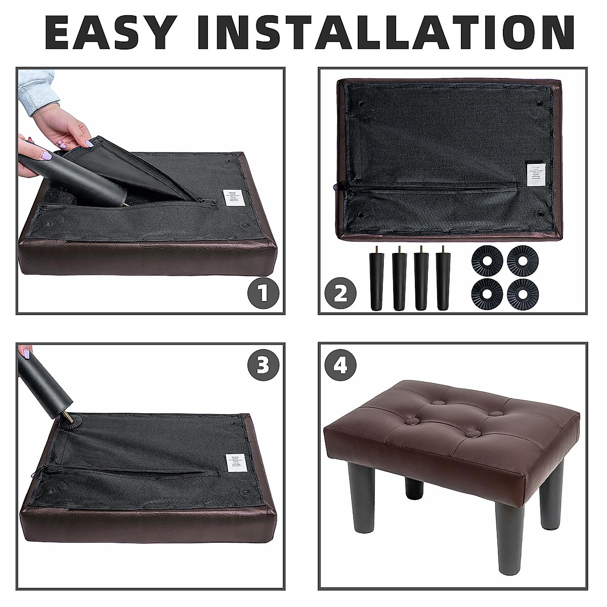 CAROLMADE 15” Ottoman Foot Rest, PVC Small Ottoman Foot Stool with Legs Modern Footstool Ottomans for Living Room Entryway Office, Brown