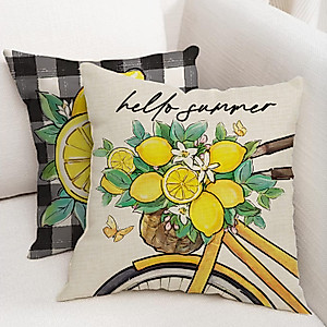 Fjfz Hello Summer Lemon Decorative Throw Pillow Cover 18 x 18 Set of 4, Bicycle Black White Buffalo Plaid Check Stripes Porch Outdoor Home Decor, Home Sweet Home Wreath Farmhouse Couch Cushion Case
