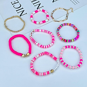 FUNOJOY Surfer Beaded Bracelets Colorful Clay Beads Bracelet Set Stackable Stretch Bracelets Friendship Bracelets Boho Summer Beach Jewelry for Women