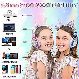 SVYHUOK Unicorn Kids Headphones for Girls Children Teens,Cute Cat Ear Wired Headphones w/Microphone 3.5mm Jack, Over On Ear Headset for School Birthday Xmas Unicorn Gift (Princess Blue)