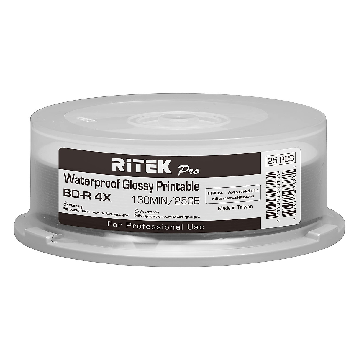 50 Pack Ritek Pro (Professional Grade) BD-R Blu-ray 4X 25GB Watershield Water Resistant Glossy White Inkjet Hub Printable Blank Recordable Disc