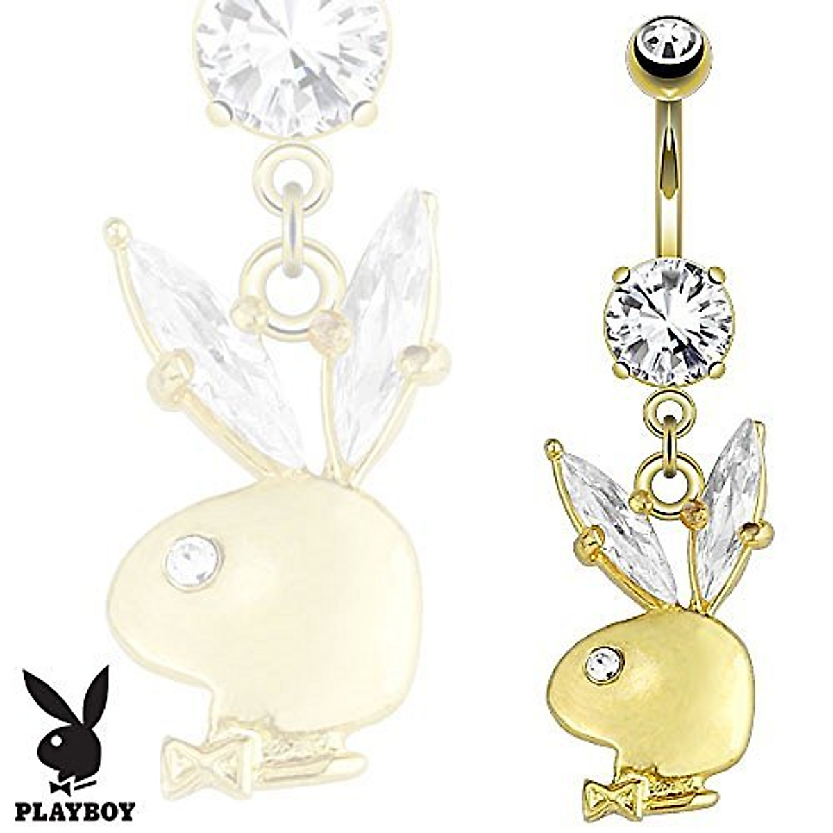 Belly Button Ring Bunny Gemmed Ear Dangle Silvertone Navel Ring