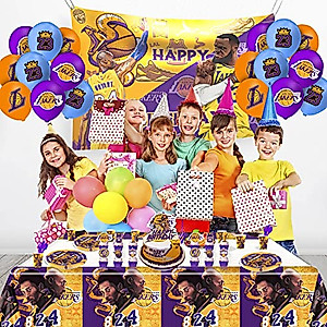 Lakers 24 Birthday Party Supplies for Men Boys Adults Kobe Bryant and Lebron James Basketball Game Theme Party Decorations Including Plates and Cups Tablecloth Backdrop Cake Toppers Backdrop