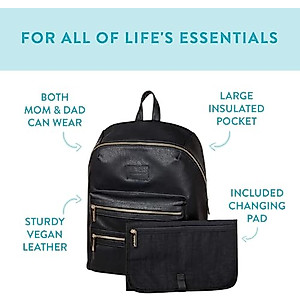 The Honest Company Vegan Leather City Backpack | Diaper Bag with Changing Pad | Black Vegan Leather with Gold Hardware | PVC-Free Lining | 16 x 5 x 18