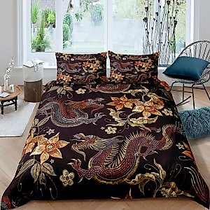 Boys Dragon Duvet Cover Golden Exotic Floral Bedding Set for Kids Teens Chinese Heritage Historical Eastern Motif Comforter Cover Vermilion Black Bedspread Cover Bedroom Collection 3Pcs King Size…