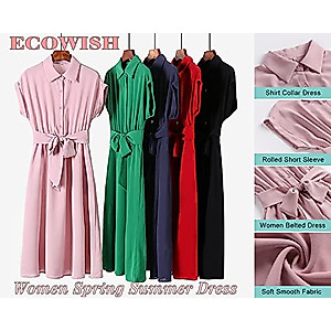 ECOWISH Womens Casual Midi Dresses Solid V Neck Short Sleeve Shirt Dress with Pockets for Spring Summer 2023 Green L