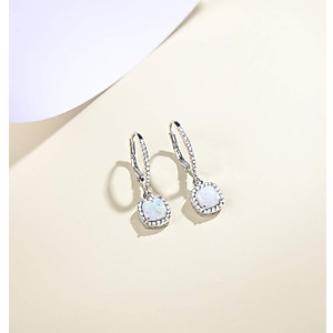 FANCIME Lever Back Earrings Created Opal October Birthstone Earrings Sterling Silver White Fire Opal Halo Cubic Zirconia Square French Back Earrings Jewelry for Women