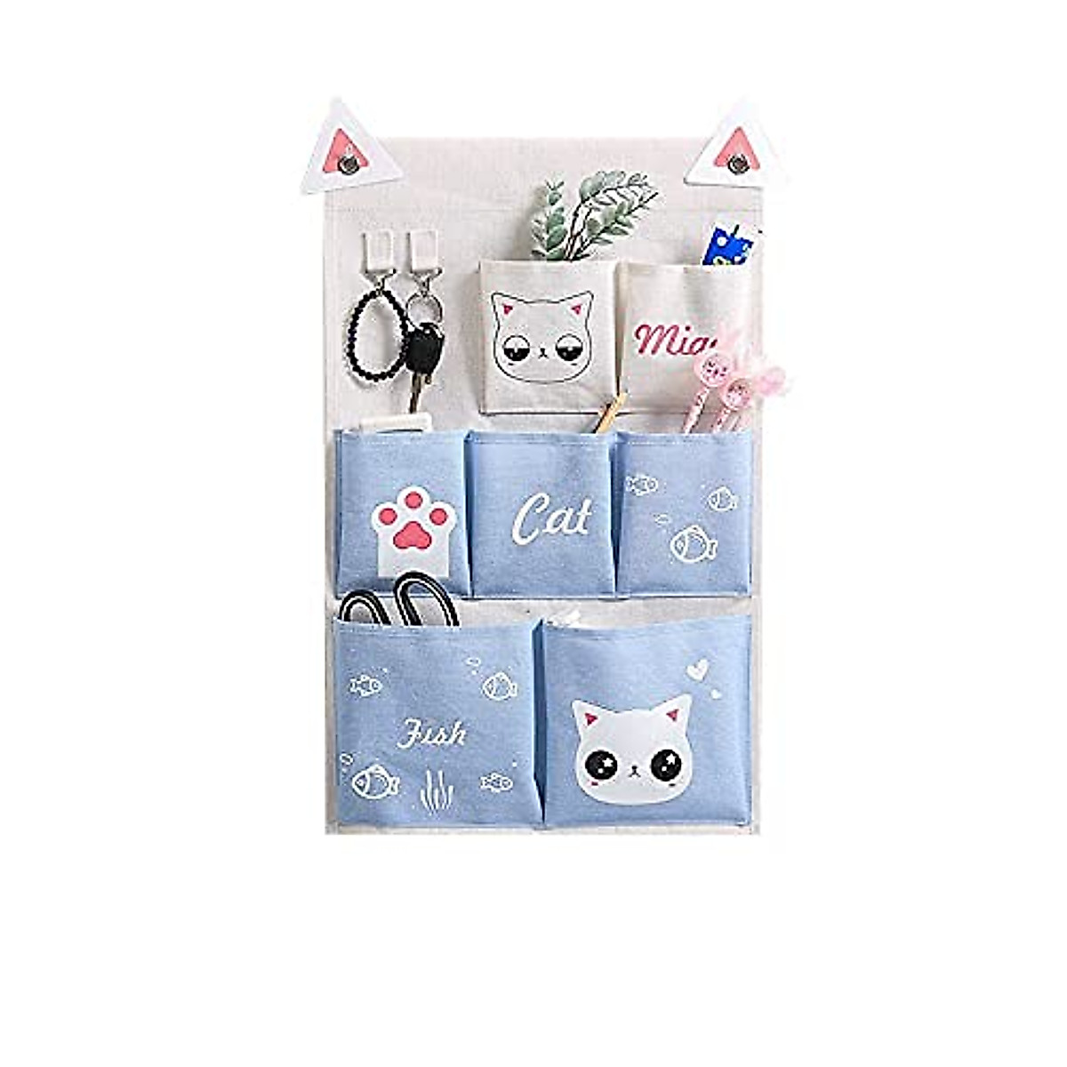 MIMOMA Wall Hanging Storage Bag,Over The Door Organizer Pocket,7 Pockets Premium Linen Fabric Pouches for Closet,Living Room,Bedroom,Bathroom (Cat)