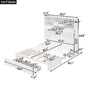 DEYOBED Queen Size Murphy Bed - Features Bookcase, Bedside Shelves, and Spacious Drawer - Space-Saving Solution for Guest Room or Home Office - White