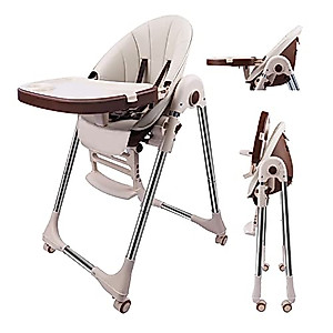 Baby High Chair for Toddlers Kids Feeding Height Convertible with Removable Tray, Multifunctional Portable Children Dining Reclining Chair Foldable with Wheels, Beige