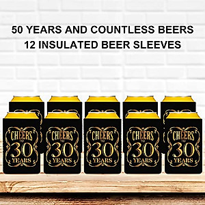 FANKUTOYS 30th Birthday Can Cooler Sleeves, Neoprene Beverage Bottle Can Sleeves - 30th Party Anniversary Decorations and 30th Birthday Gift for Men & Women, Black & Gold (12 Pcs)