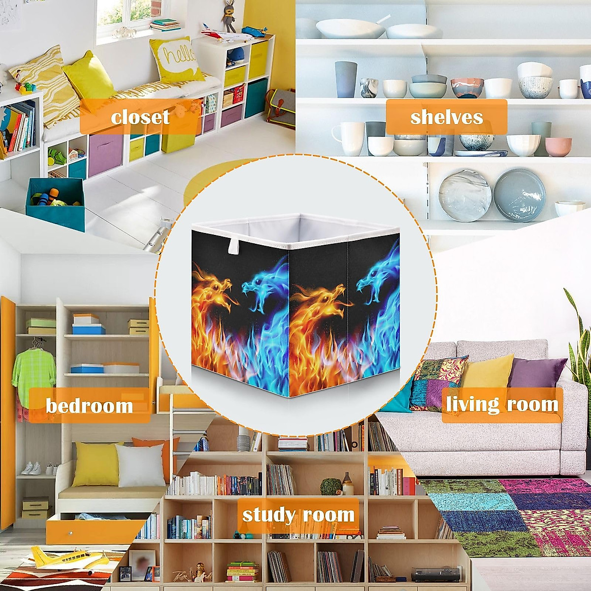 Emelivor Dragons Rectangle Storage Bins Fabric Storage Cube Collapsible Foldable Storage Baskets Organizer Containers for Shelves Nursery Closer Bedroom Home,16 x 11inch